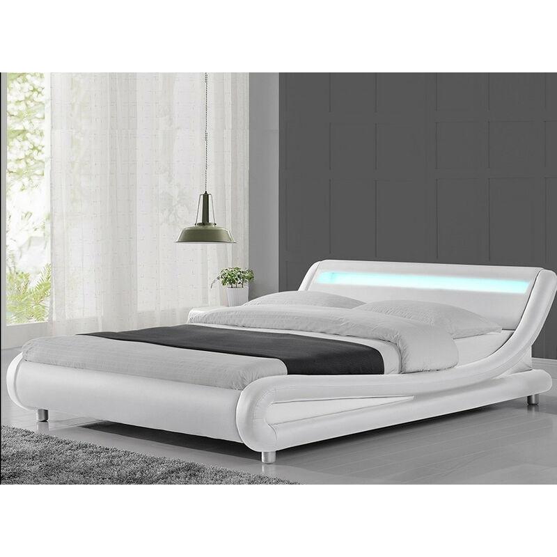 LIT LED DESIGN JULIO - BLANC - 180X200, STRUCTURE EN BOIS - SIMILI CUIR ...