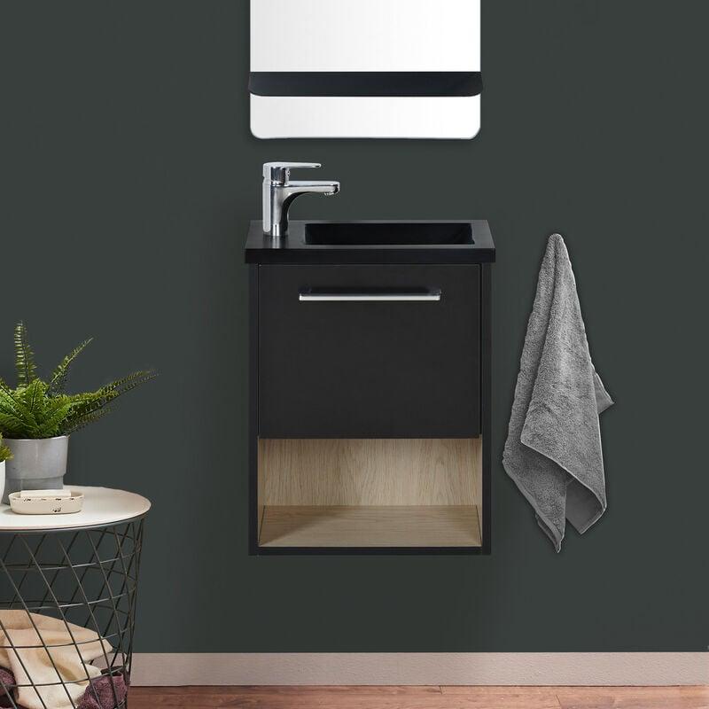 MEUBLE LAVE-MAINS NIKA NOIR INTÉRIEUR DÉCOR CHÊNE + ROBINET CHROMÉ ...