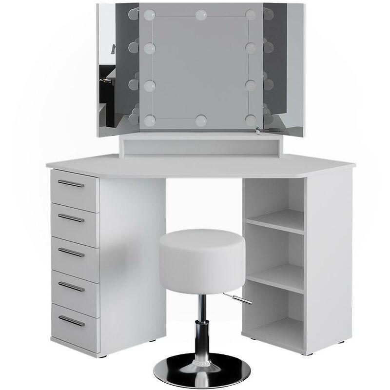 VICCO - COIFFEUSE D'ANGLE "SOFIA BLANC AVEC TABOURET ET ÉCLAIRAGE LED ...