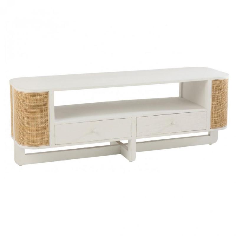 MEUBLE TV RARY EN BOIS EXOTIQUE BLANC ET ROTIN NATUREL