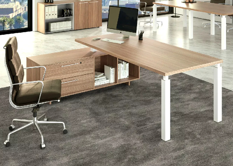 Bureau individuel pieds métalliques sur console So Flora - 195 x 170 cm, Blanc brillant (RAL ...