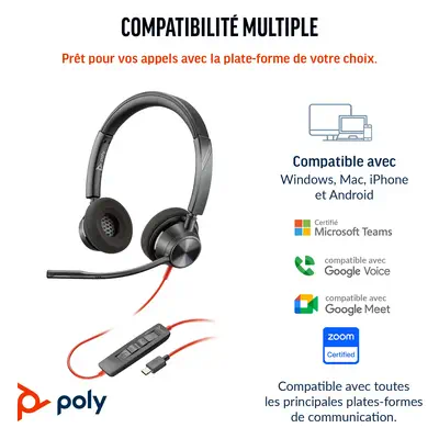Micro-casque Poly Blackwire 3320 stéréo USB-C certifié Microsoft Teams ...